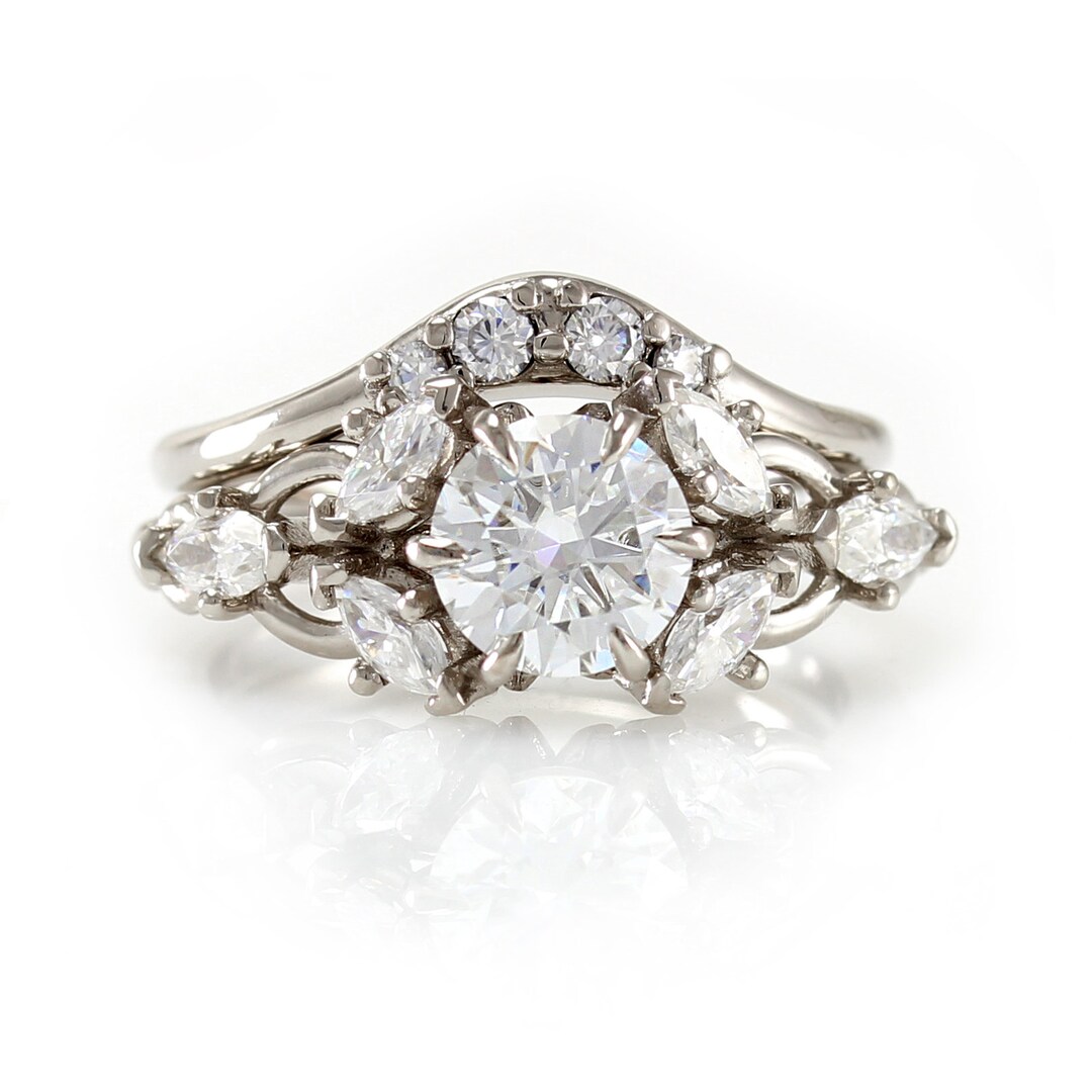 Elvish Wedding Ring Set With 6.0 Mm Moissanite Elven Fantasy Engagement ...