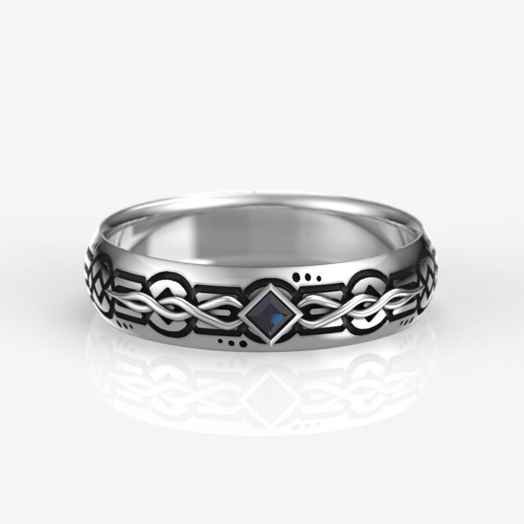 White Gold Celtic Mens Wedding Band – Square Lab Sapphire Elvish Ring ...