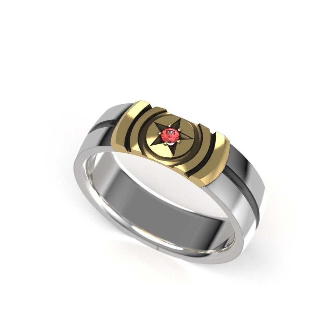 Captain America Inspired Wedding Ring With 2mm Lab Ruby 2 Tone Wedding ...