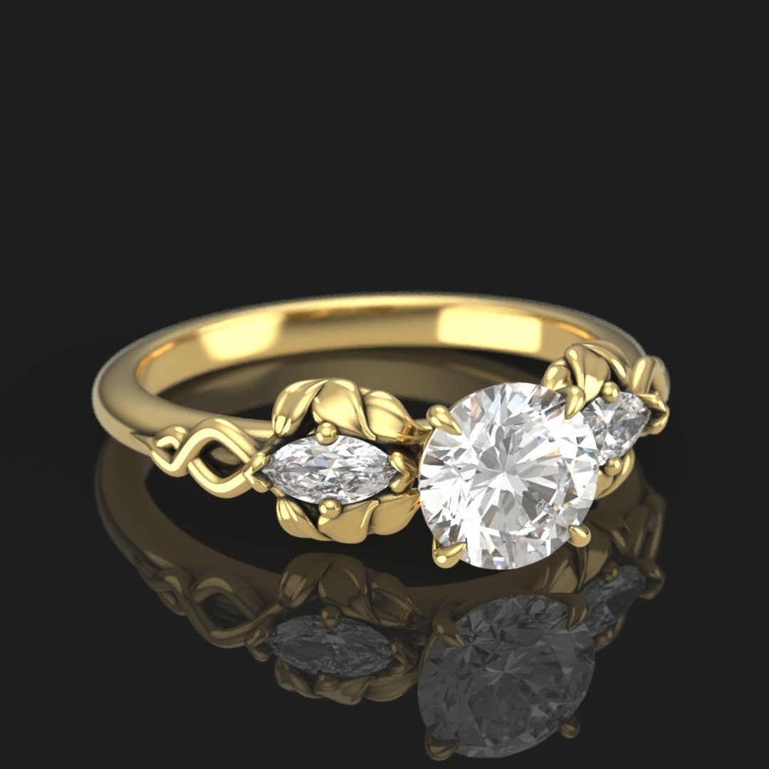 Nature Inspired 3 Stone Engagement Ring With Moissanite - Fantasy Claw ...