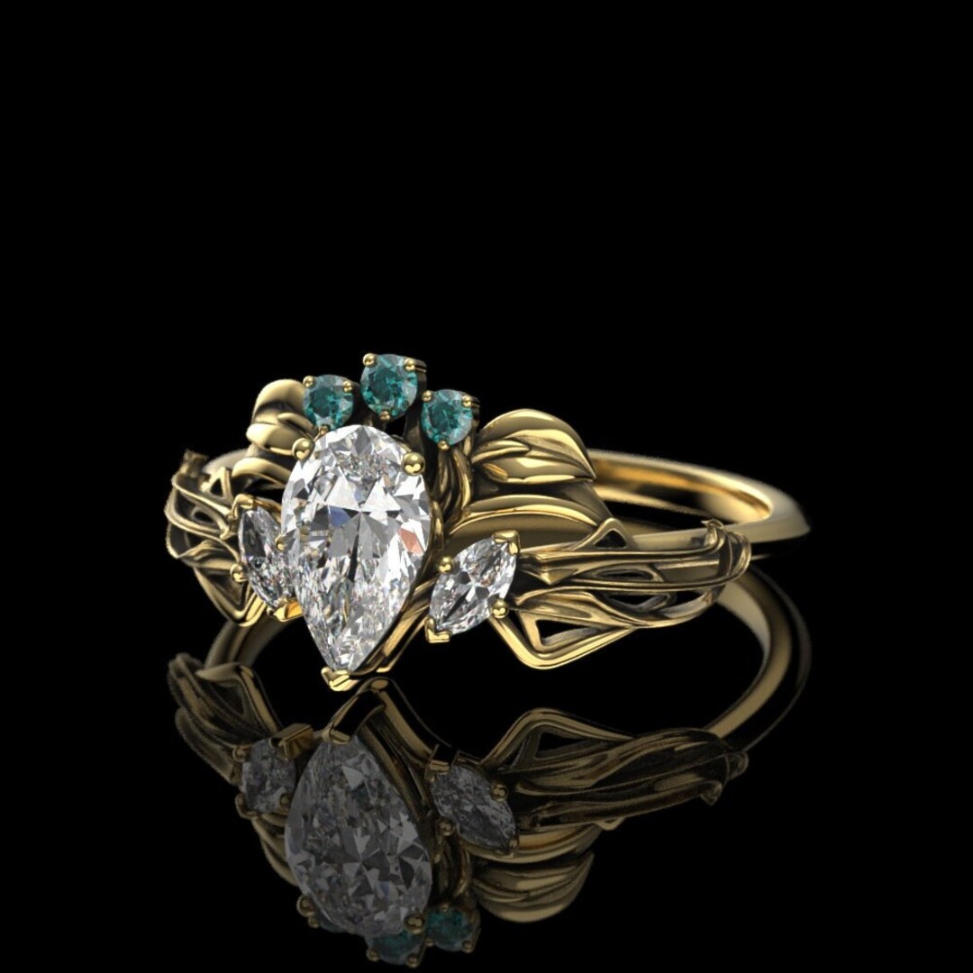 Elven Crown Engagement Ring With Pear Cut Moissanite - Tiara Ring Luxe ...