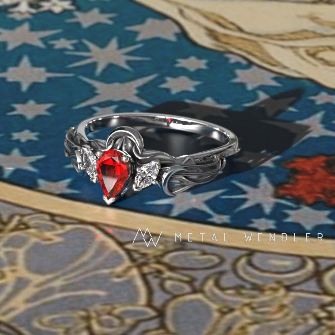 Celestial Moon Engagement Ring With Pear Cut Lab Ruby and Moissanite ...