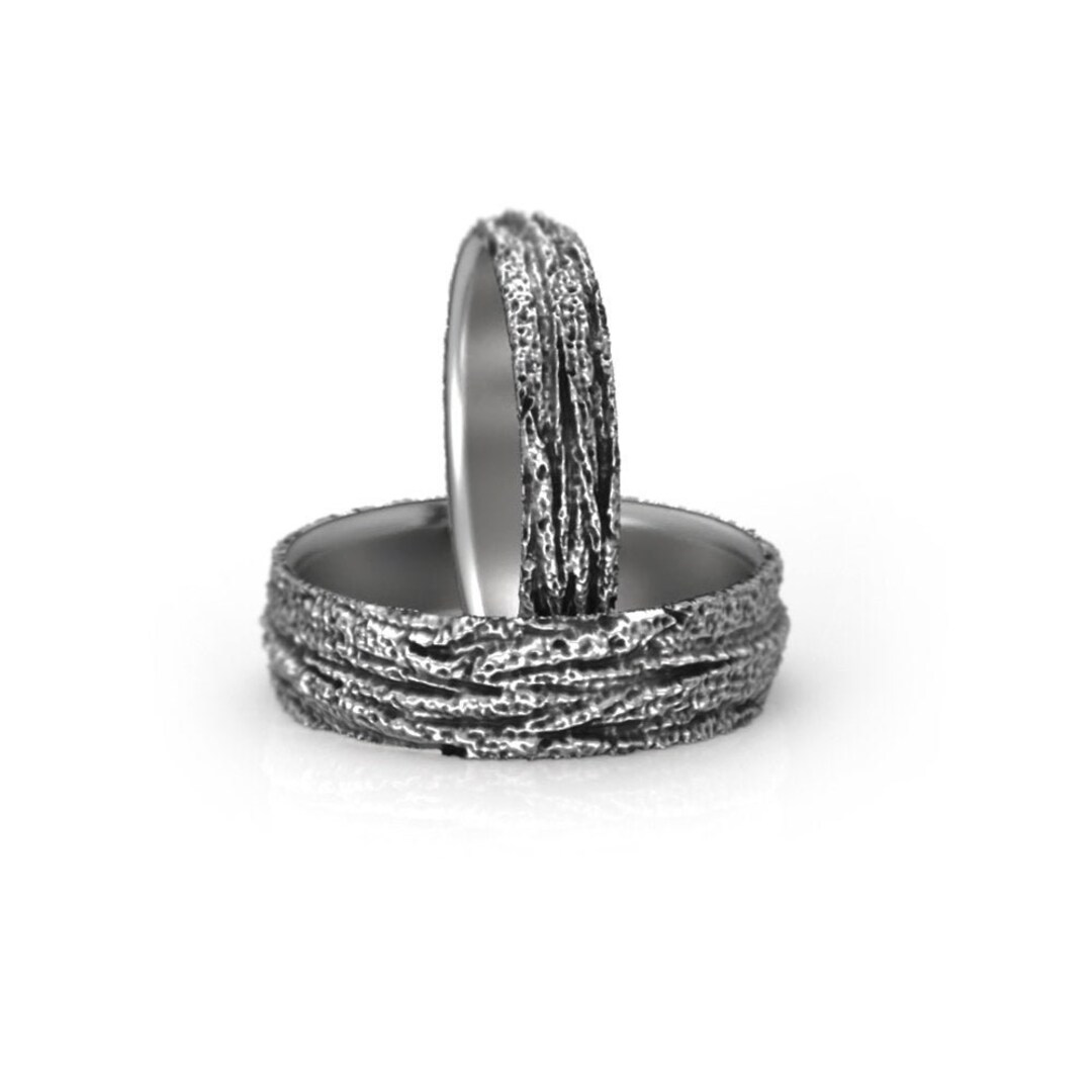 Sterling Silver Oak Bark Wedding Ring Set – Rustic Nature Bands - Etsy