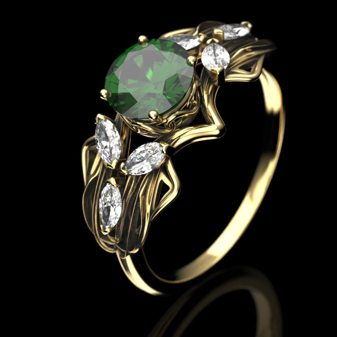 Gold Engagement Ring With Lab Emerald - Art Nouveau Fantasy Engagement ...