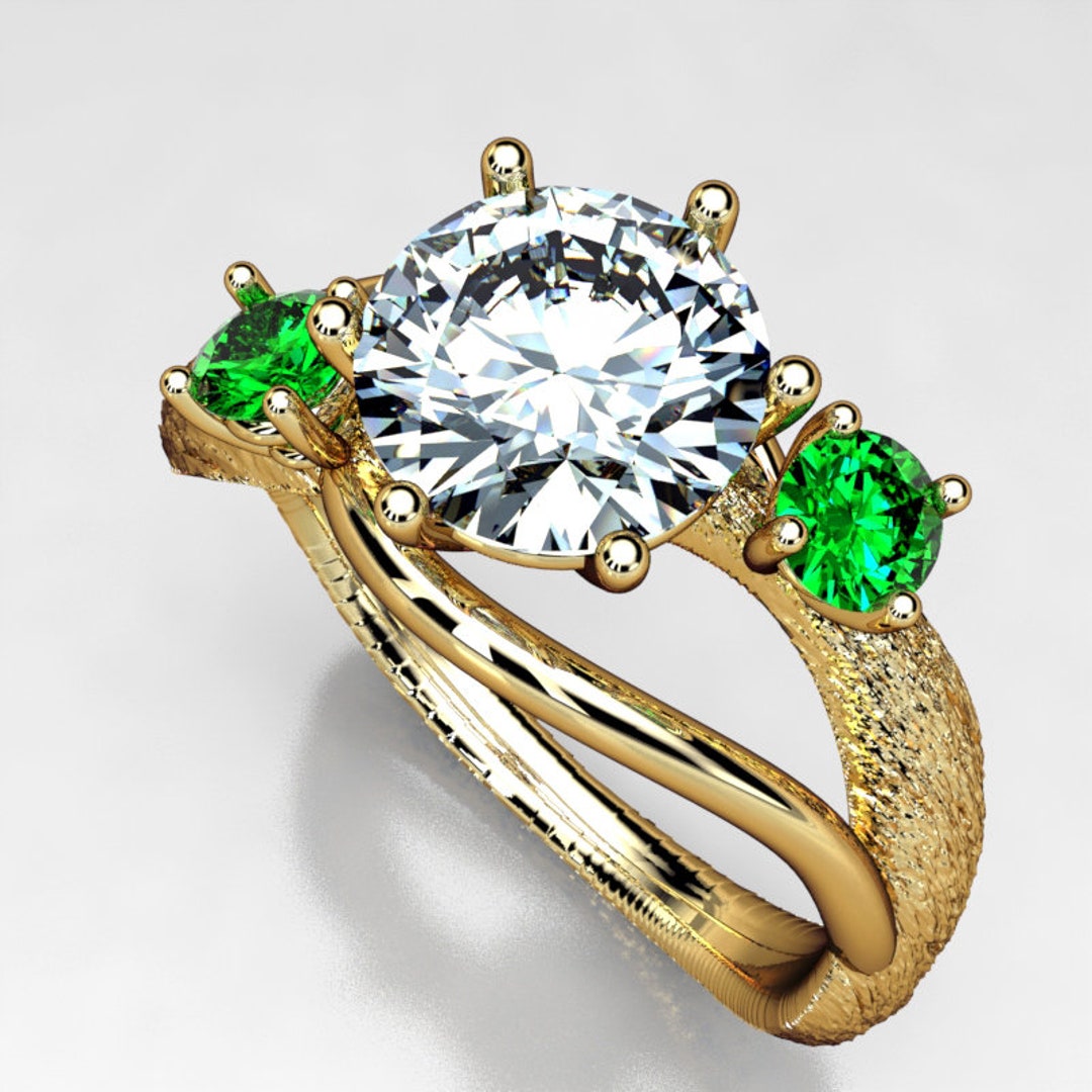 Gold Tree Bark Engagement Ring With Moissanite and Lab Emerald - Koa ...