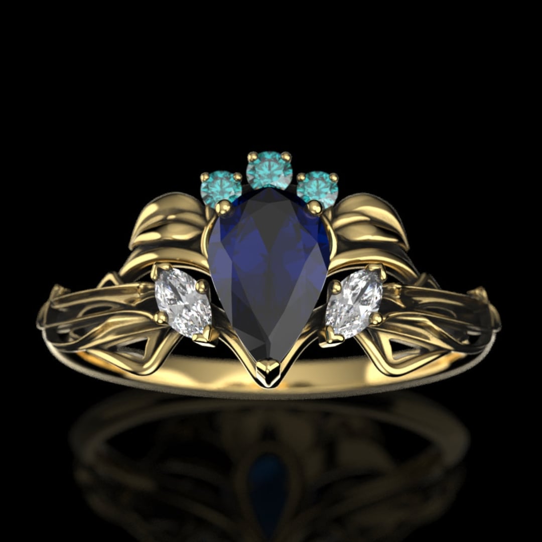 Art Nouveau Crown Engagement Ring With Pear Cut Lab Sapphire - 1 Carat ...