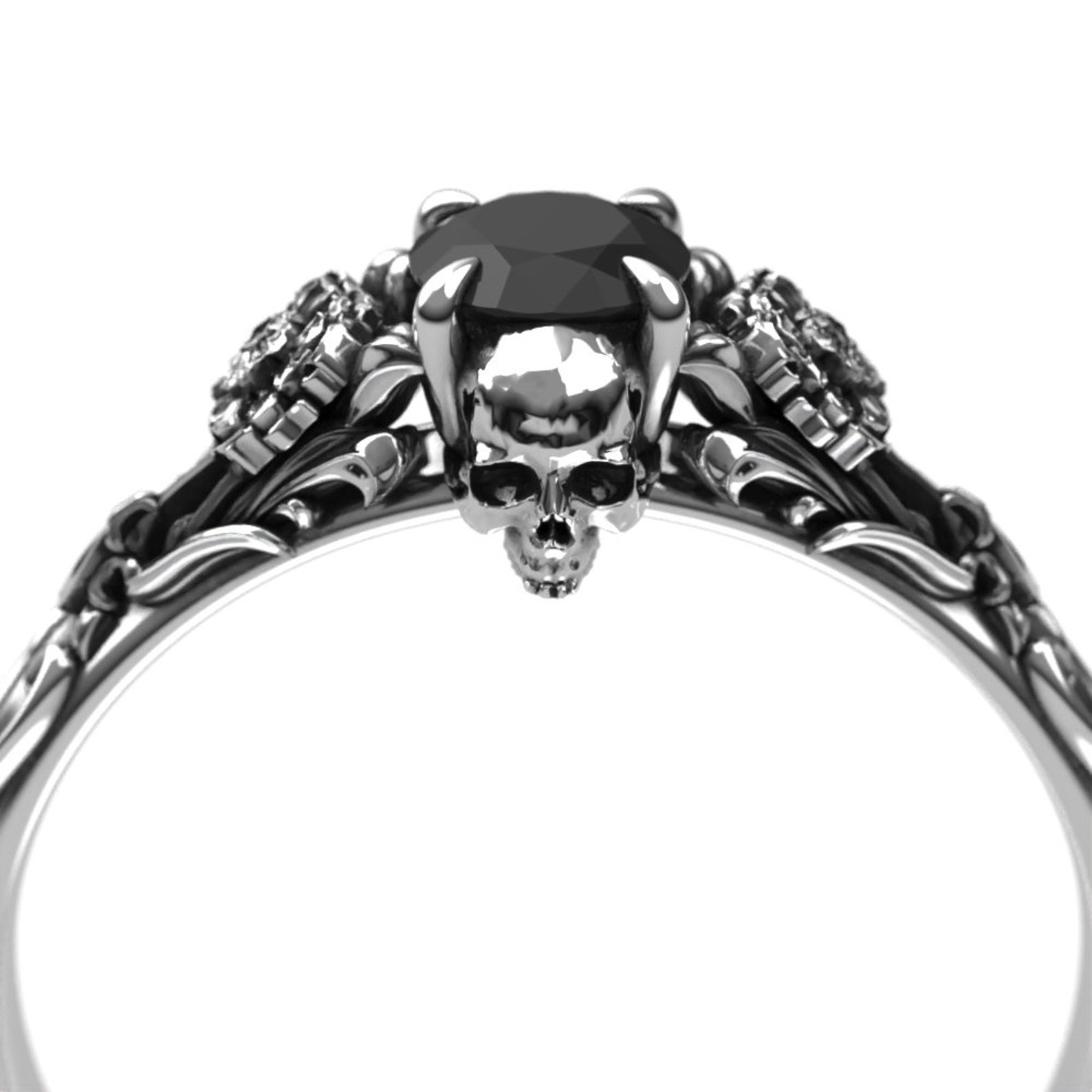 Black Diamond Skull Ring - Gothic Edwardian Floral Engagement Ring - Etsy