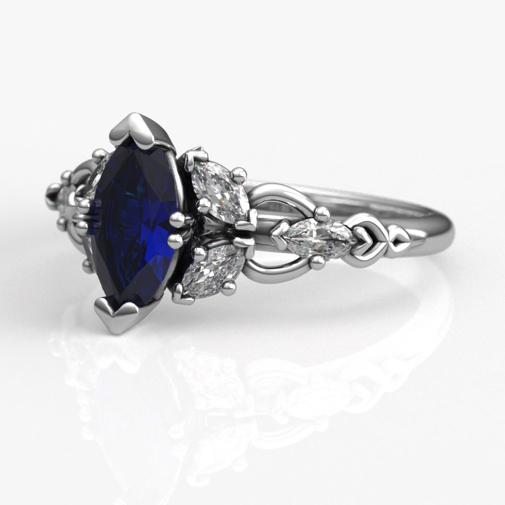Elvish Engagement Ring with Lab Marquise Sapphire - Fantasy Fairy ...