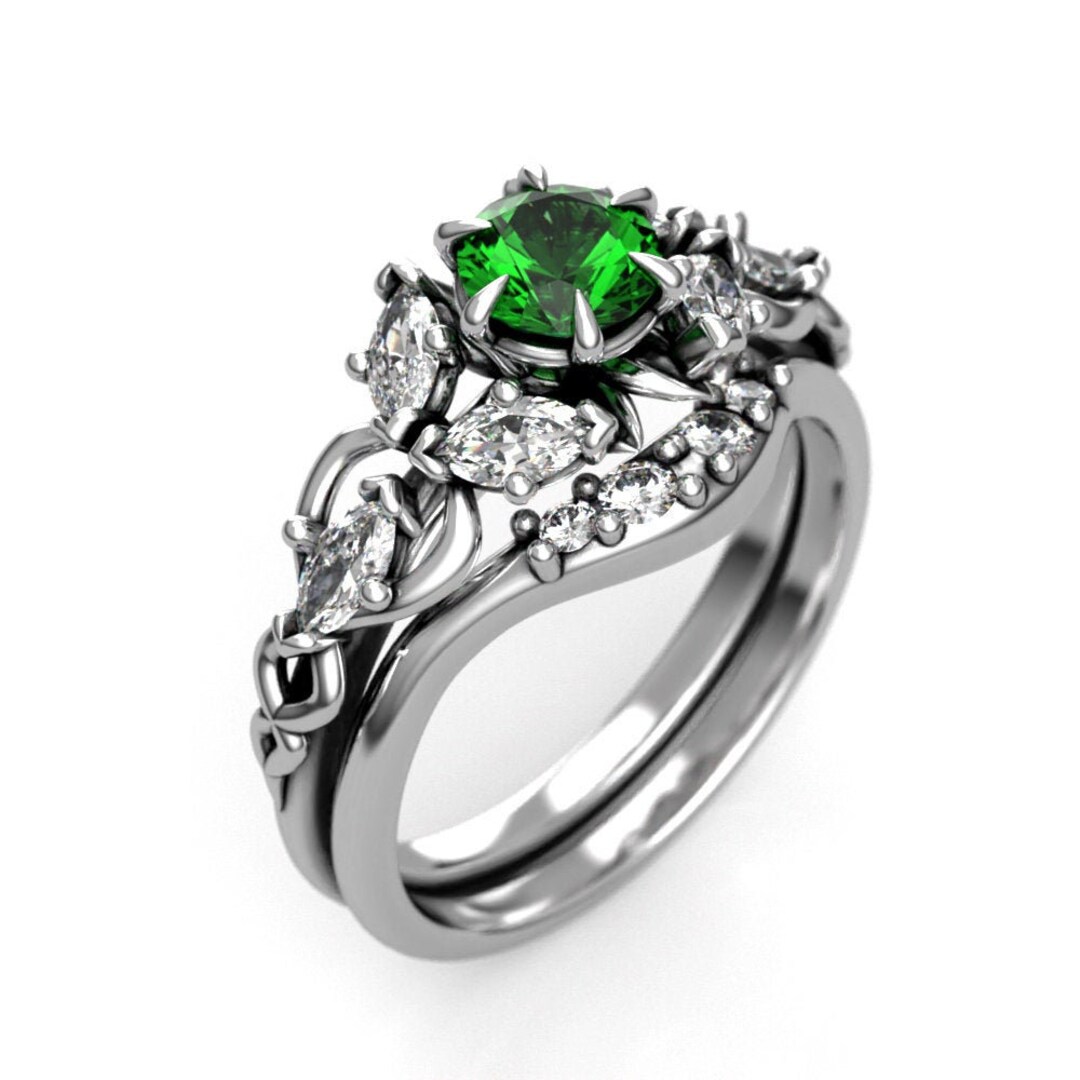 Elvish Matching Ring Set With Lab Emerald - Elf Fantasy Engagement Ring ...