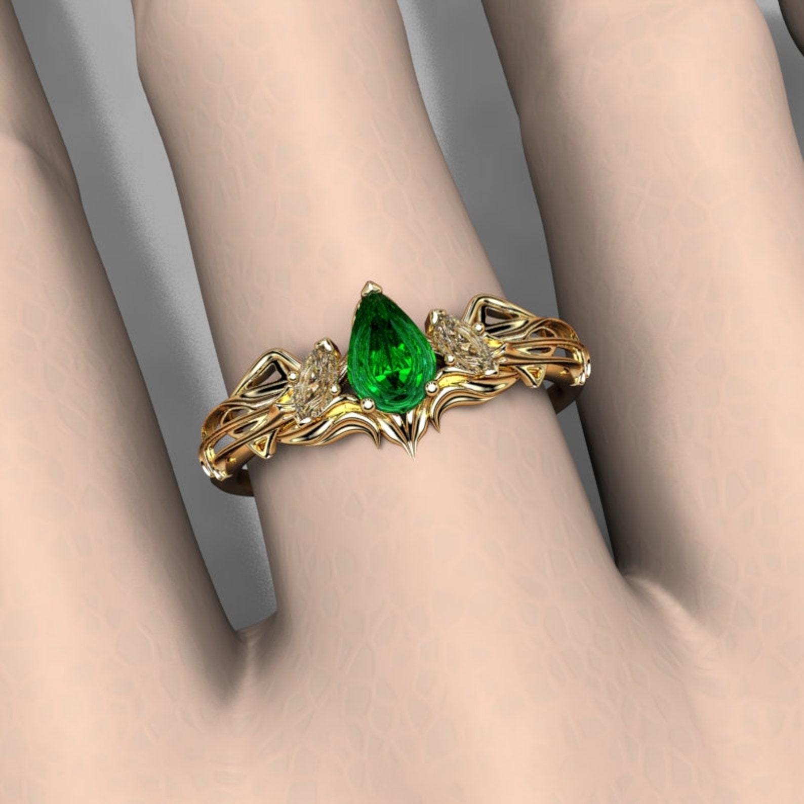 Elven Crown Engagement Ring With Pear Cut Lab Emerald Art Nouveau ...