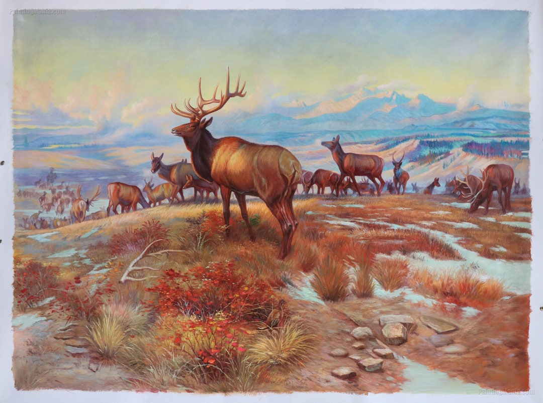 Exalted Ruler - Charles Marion Russell Hand-painted Oil Painting Reproduction, Elk Herds on ...