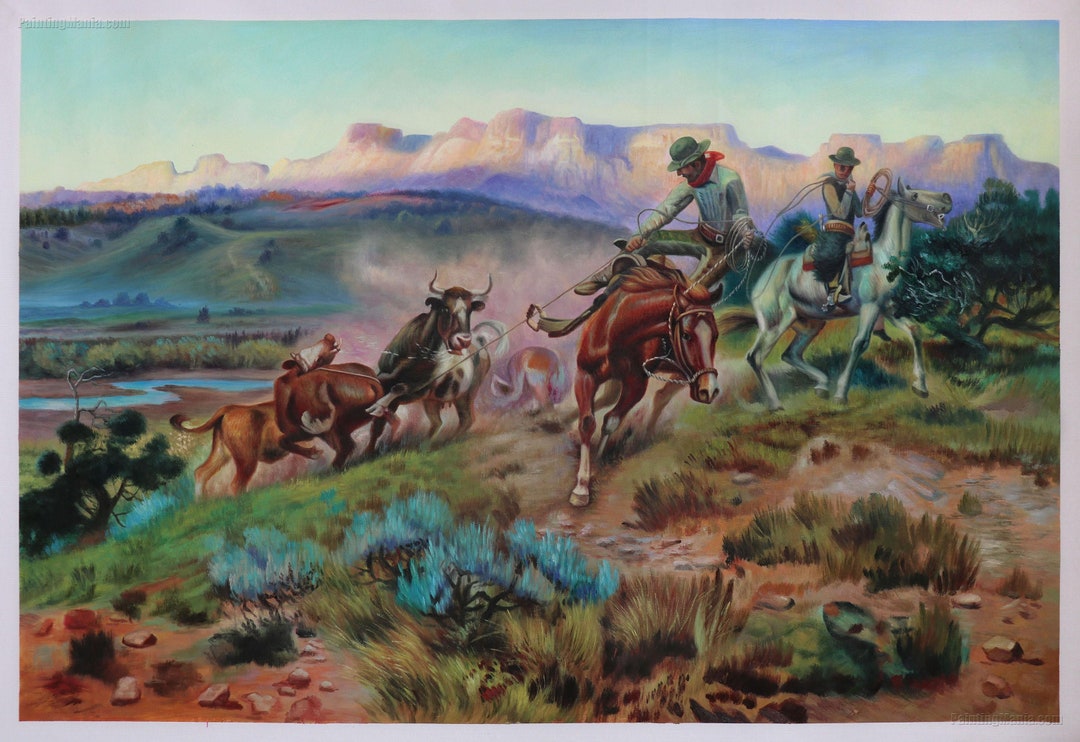 Round up on the Musselshell - Charles Marion Russell Hand-painted Oil ...