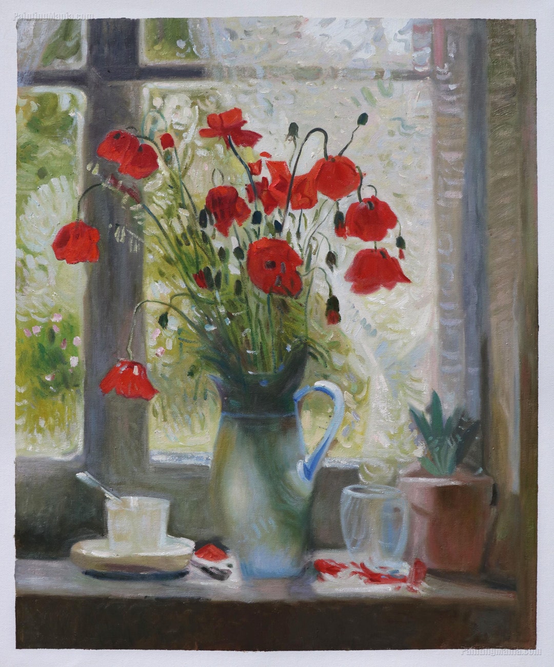 Bouquet of Poppies in Window Pierre Eugene Montezin Hand-painted Oil ...
