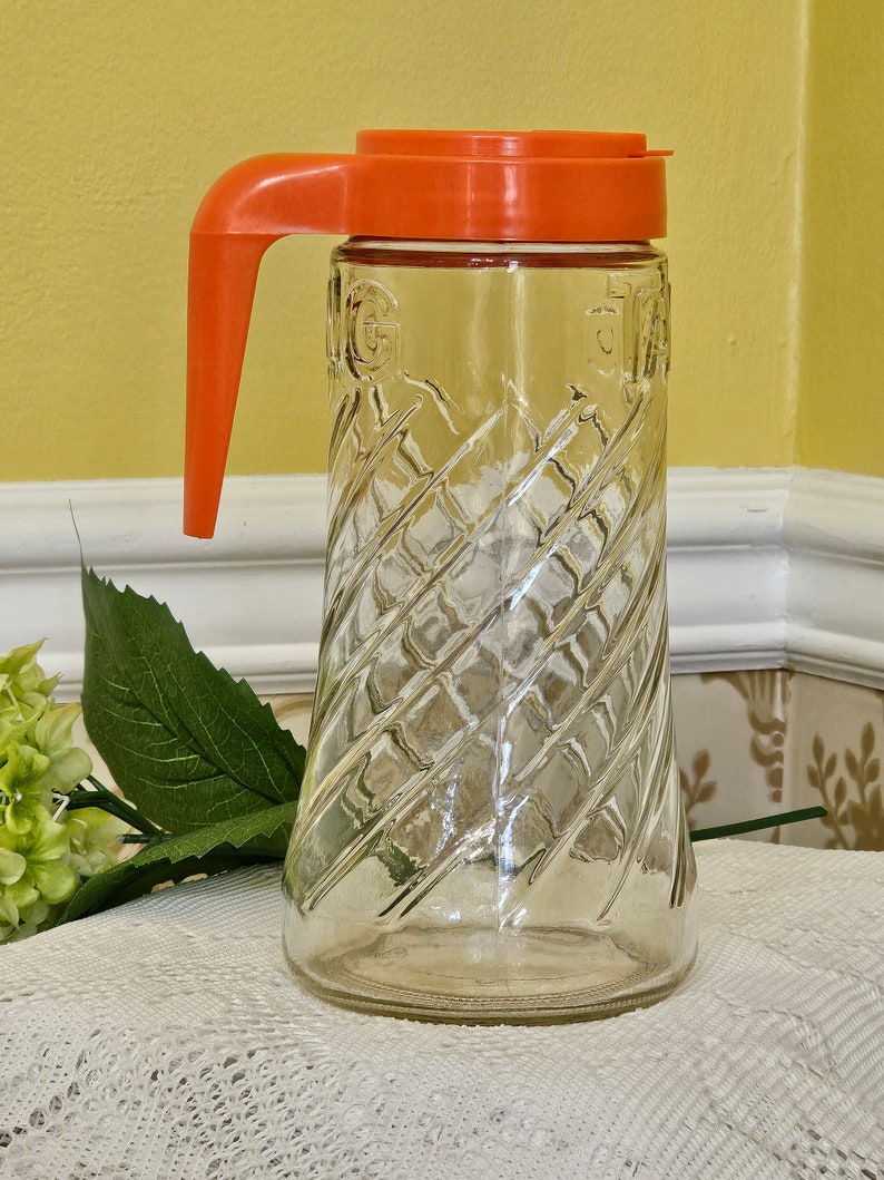 Vintage 1 Quart Glass Tang Pitcher With Orange Plastic Top and Handle ...