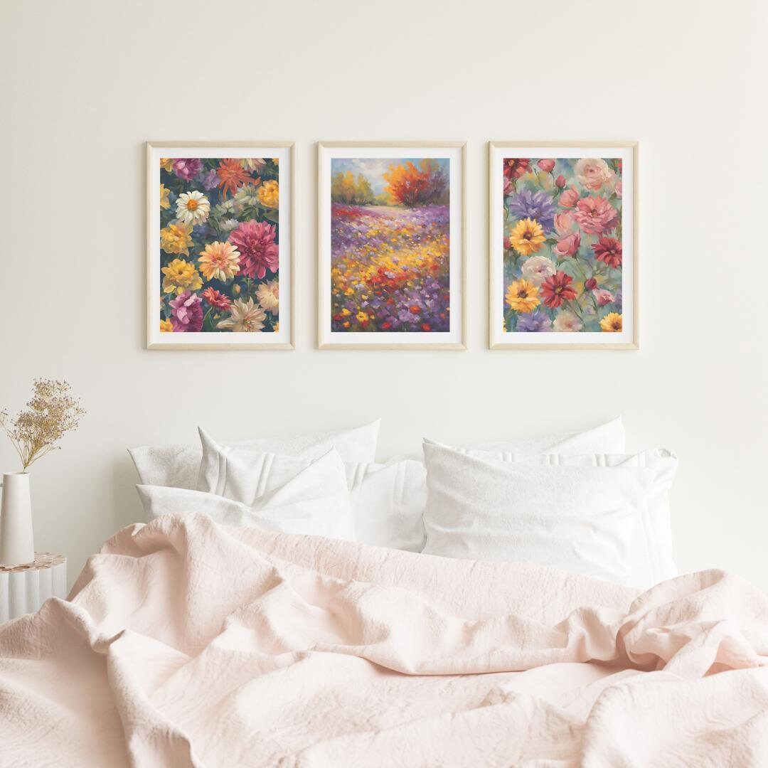Boho Botanical Prints Set of 3, Colorful Wall Art Minimalist Floral ...