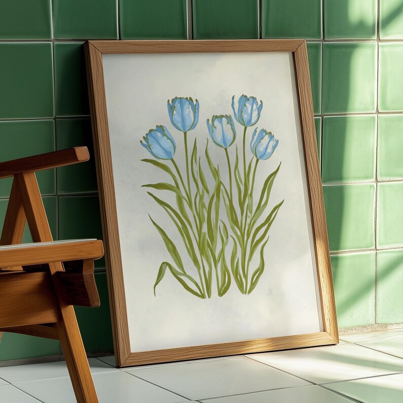 Blue & Green Tulip Botanical Wall Art | Southern Preppy Chinoiserie ...