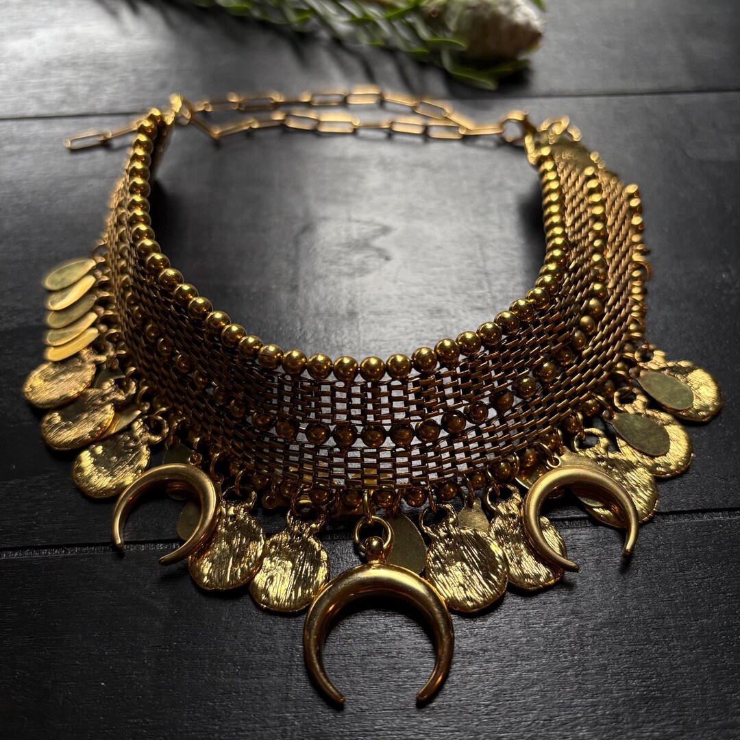 Chandra Mala- Golden Crescent Moon Statement Choker, Gothic Tribal ...