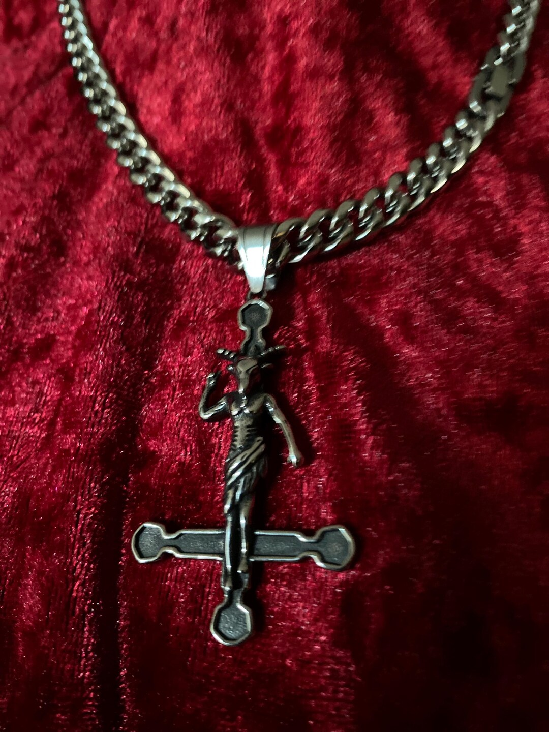 Baphomet on St. Peter's Cross Stainless Steel Necklace, Singapore Chain ...