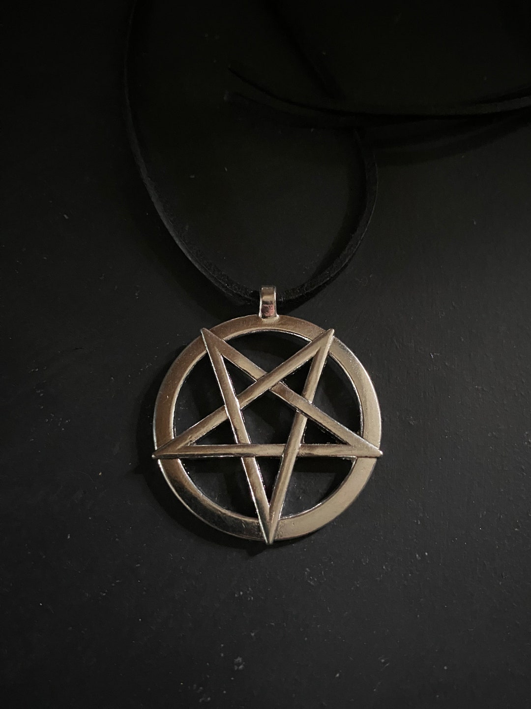 Pentagram Pendant Silver-colored on Leather Cord, Pentagram Gothic Chain Pendant, Pentagram ...