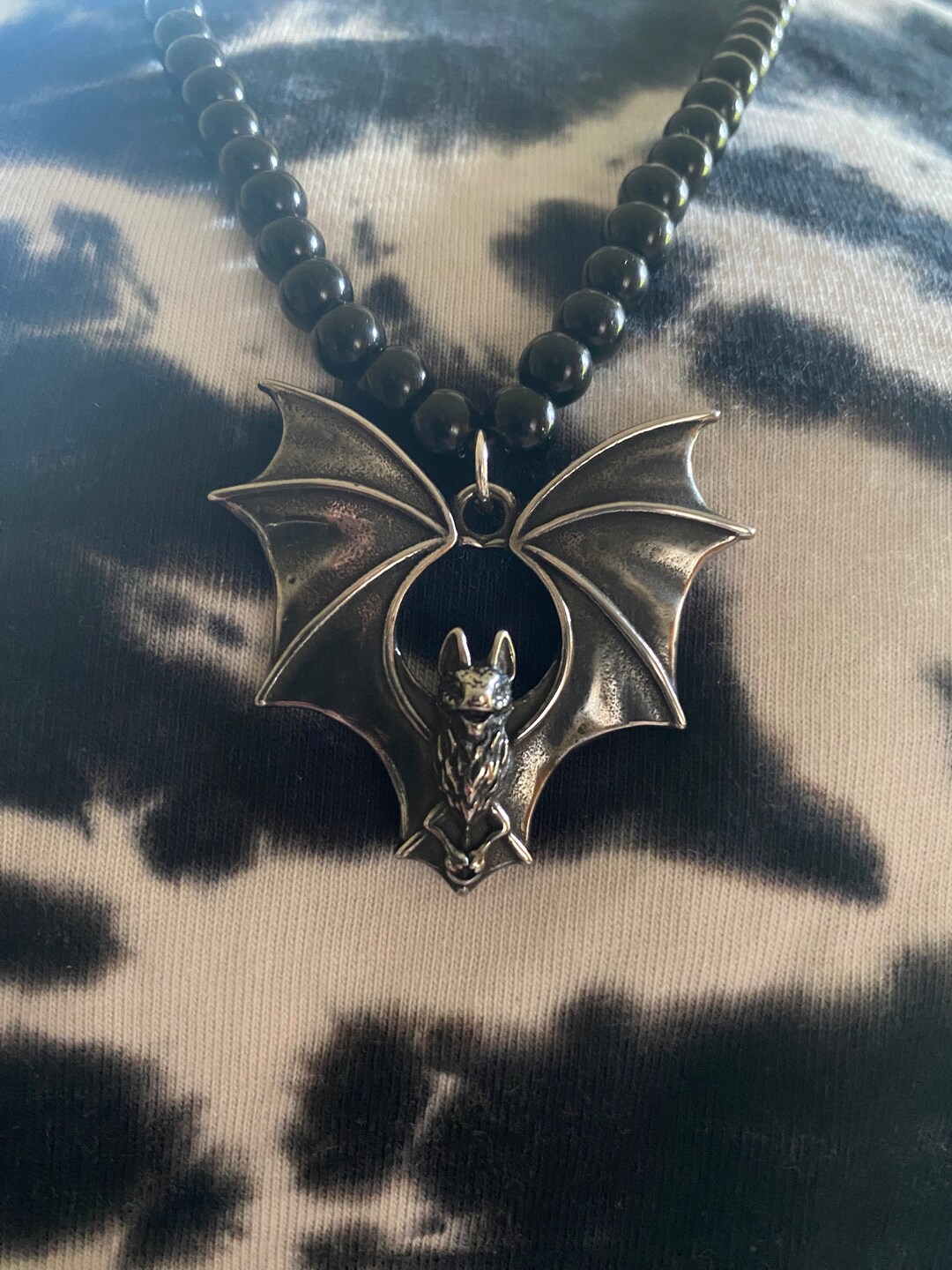 Bat Prayer Onyx Bead Necklace, Gothic Mala, Gemstone Bat Necklace ...