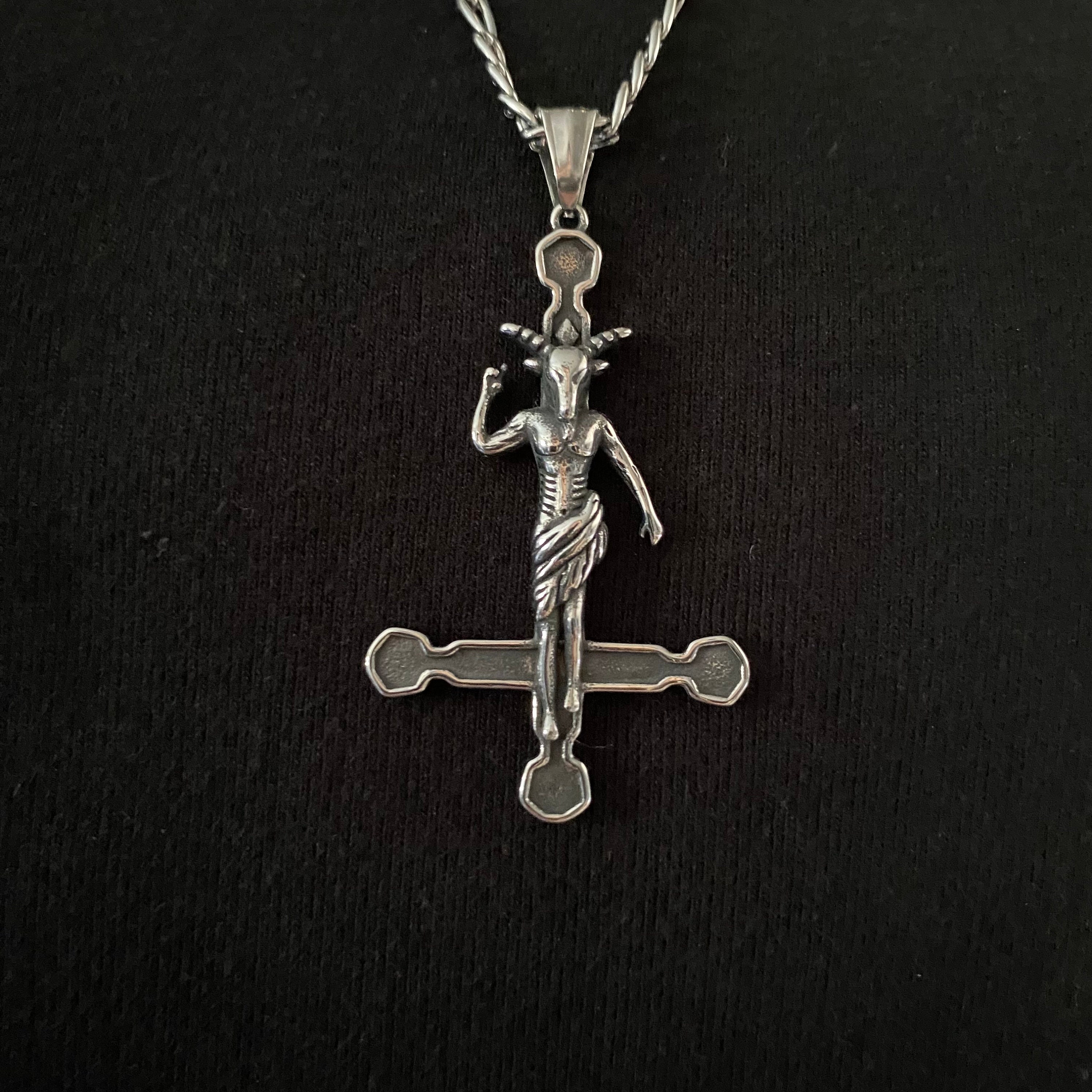 Baphomet on St. Peter's Cross Stainless Steel Necklace, Singapore Chain ...