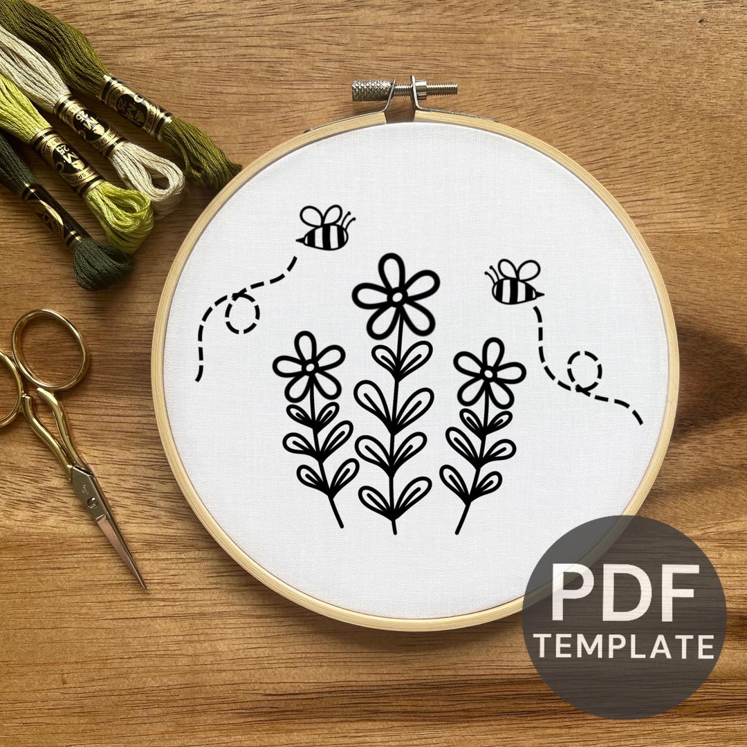 Bees and Flowers Hand Embroidery Pattern, Downloadable PDF Template - Etsy