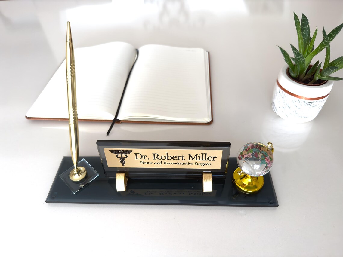 Personalized Doctor Desk Name Plate: Black Glass With Globe & Pen - Etsy