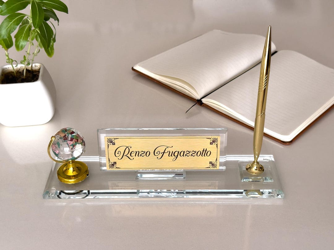 Personalized Glass Desk Name Plate With Gold Pen & Globe: Luxury Office ...