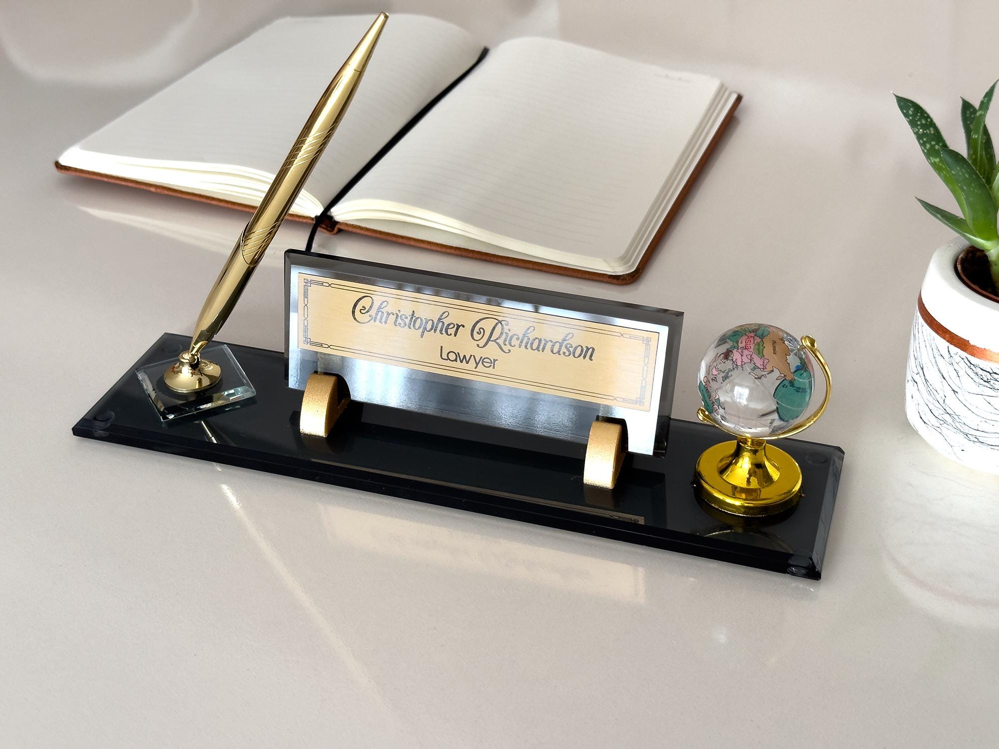 Personalized Black Glass Desk Name Plate With Pen: Office Decor Gift - Etsy