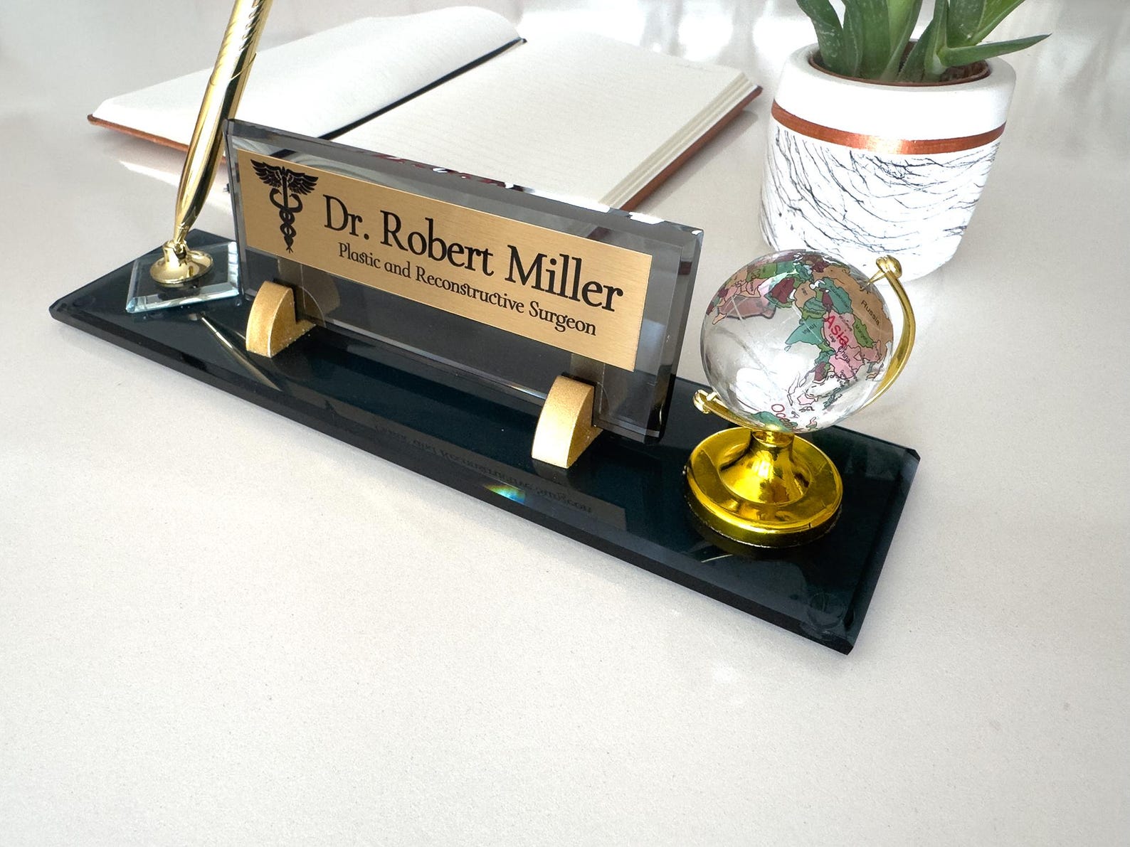 Personalized Doctor Desk Name Plate: Black Glass With Globe & Pen - Etsy