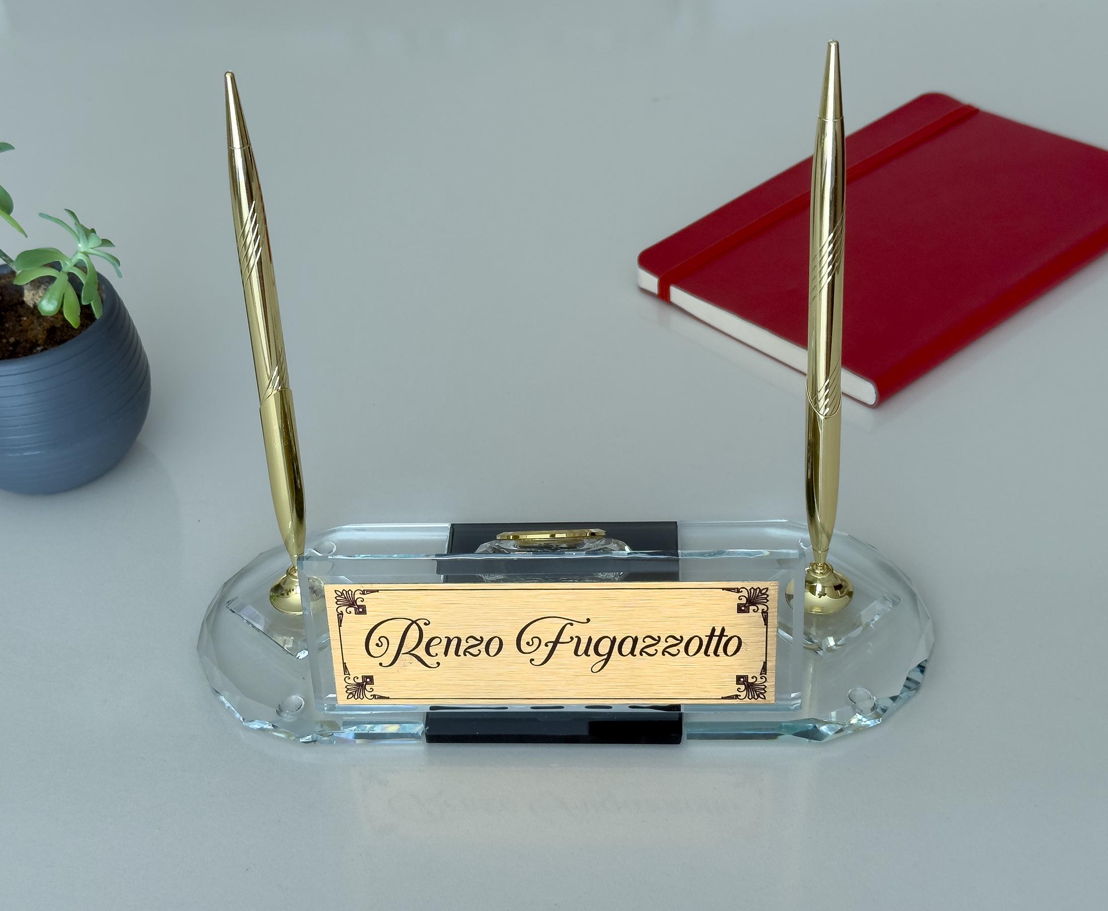 Personalized Clear Glass Desk Nameplate With Golden Pen & Clock - Etsy