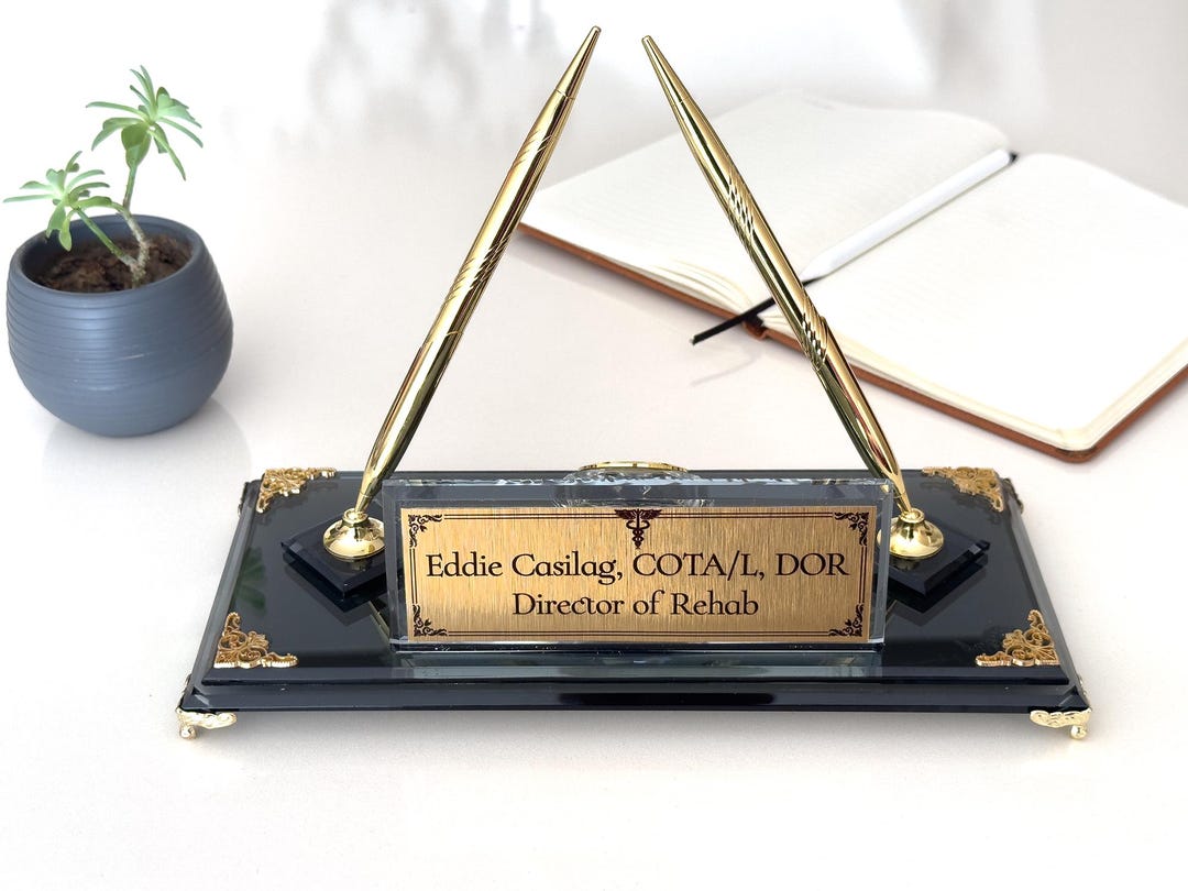 Personalized Black Glass Desk Name Plate With Gold Accents & Pen Set - Etsy