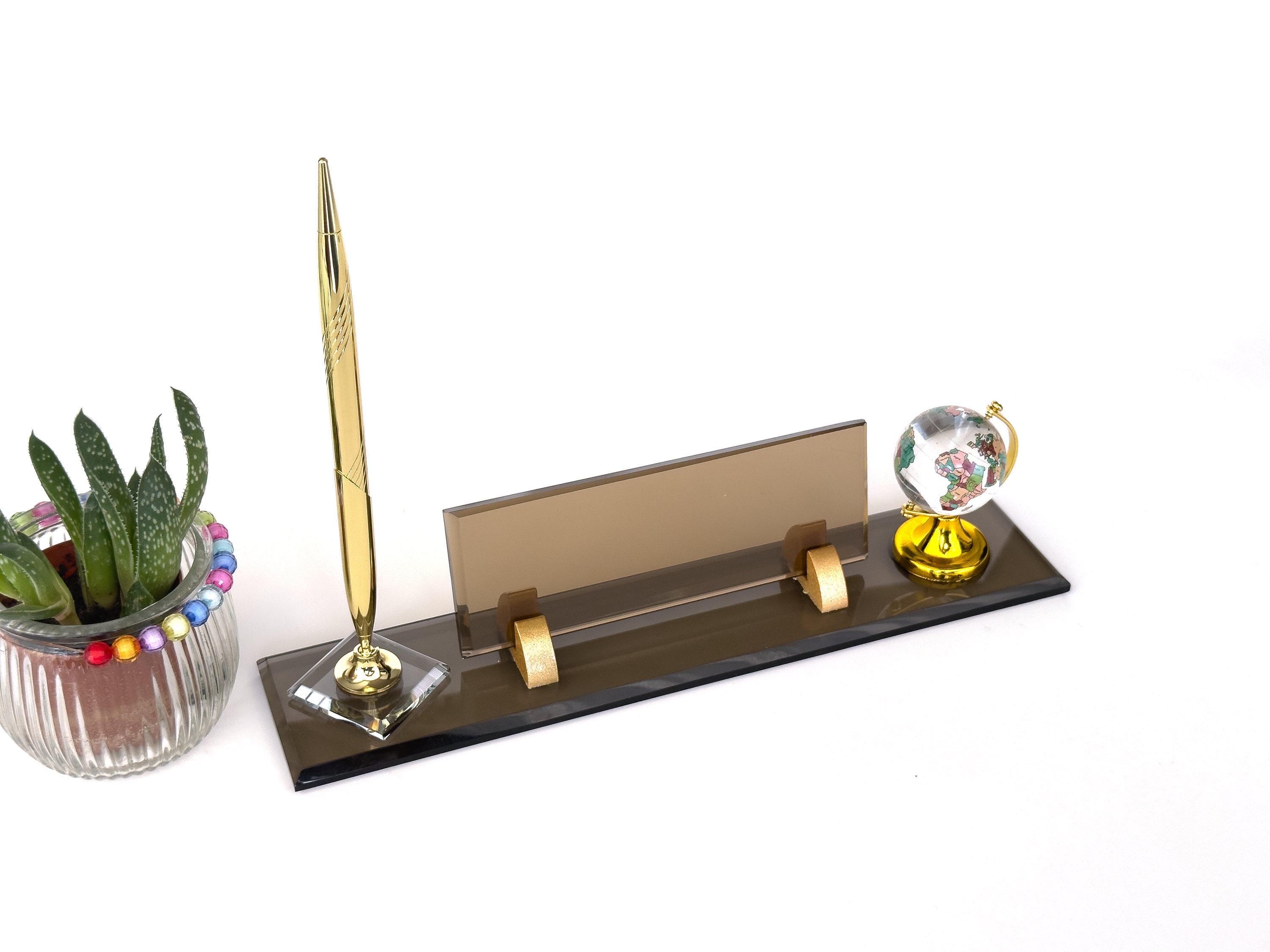 Personalized Crystal Desk Name Plate: Office Decor With Globe & Golden ...
