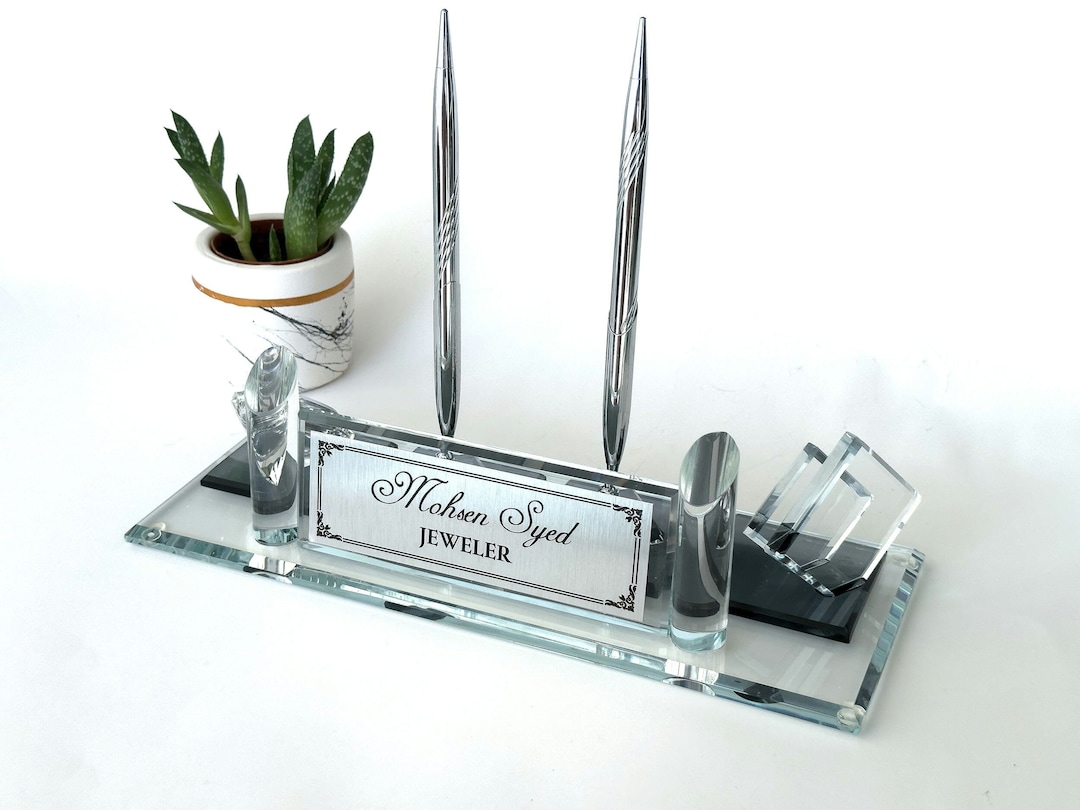 Custom Clear Glass Silver Desk Nameplate With Silver Pen Set, Crystal ...