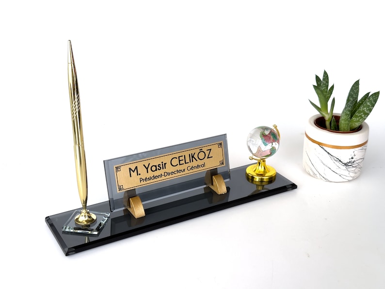 Personalized Black Glass Desk Name Plate: Office Decor With Pen & Globe ...