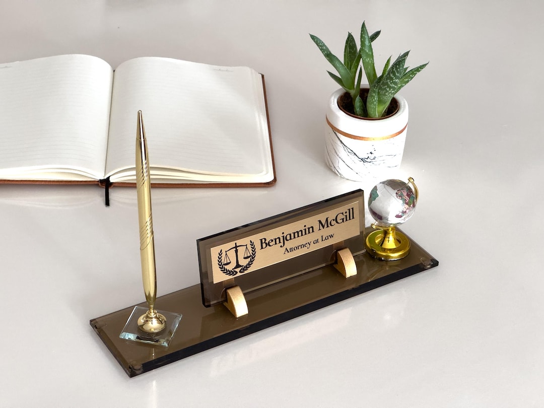 Personalized Attorney Desk Name Plate: Black Glass, Scale Logo, Globe ...