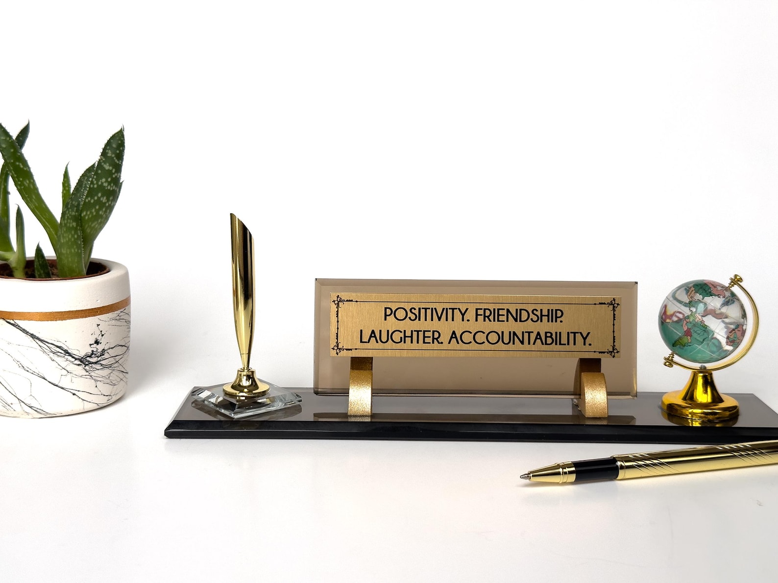 Personalized Crystal Desk Name Plate: Office Decor With Globe & Golden ...