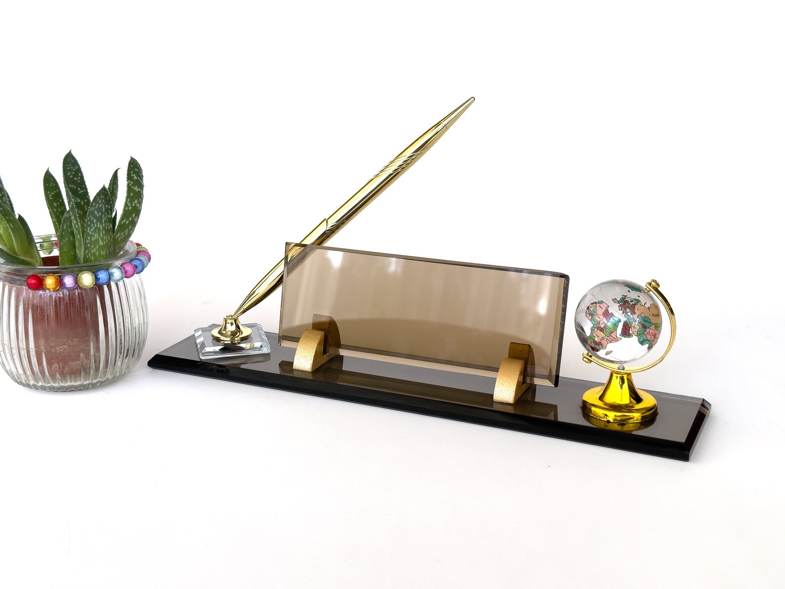 Personalized Crystal Desk Name Plate: Office Decor With Globe & Golden ...