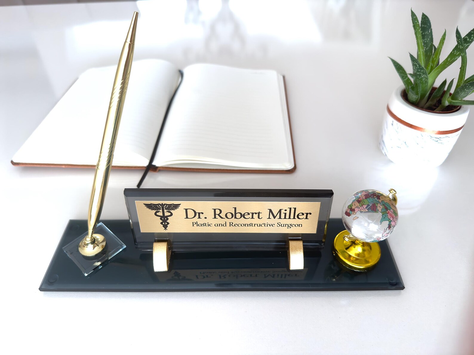 Personalized Doctor Desk Name Plate: Black Glass With Globe & Pen - Etsy