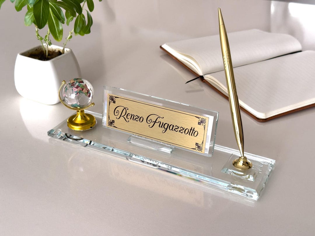 Personalized Glass Desk Name Plate With Gold Pen & Colorful Globe ...