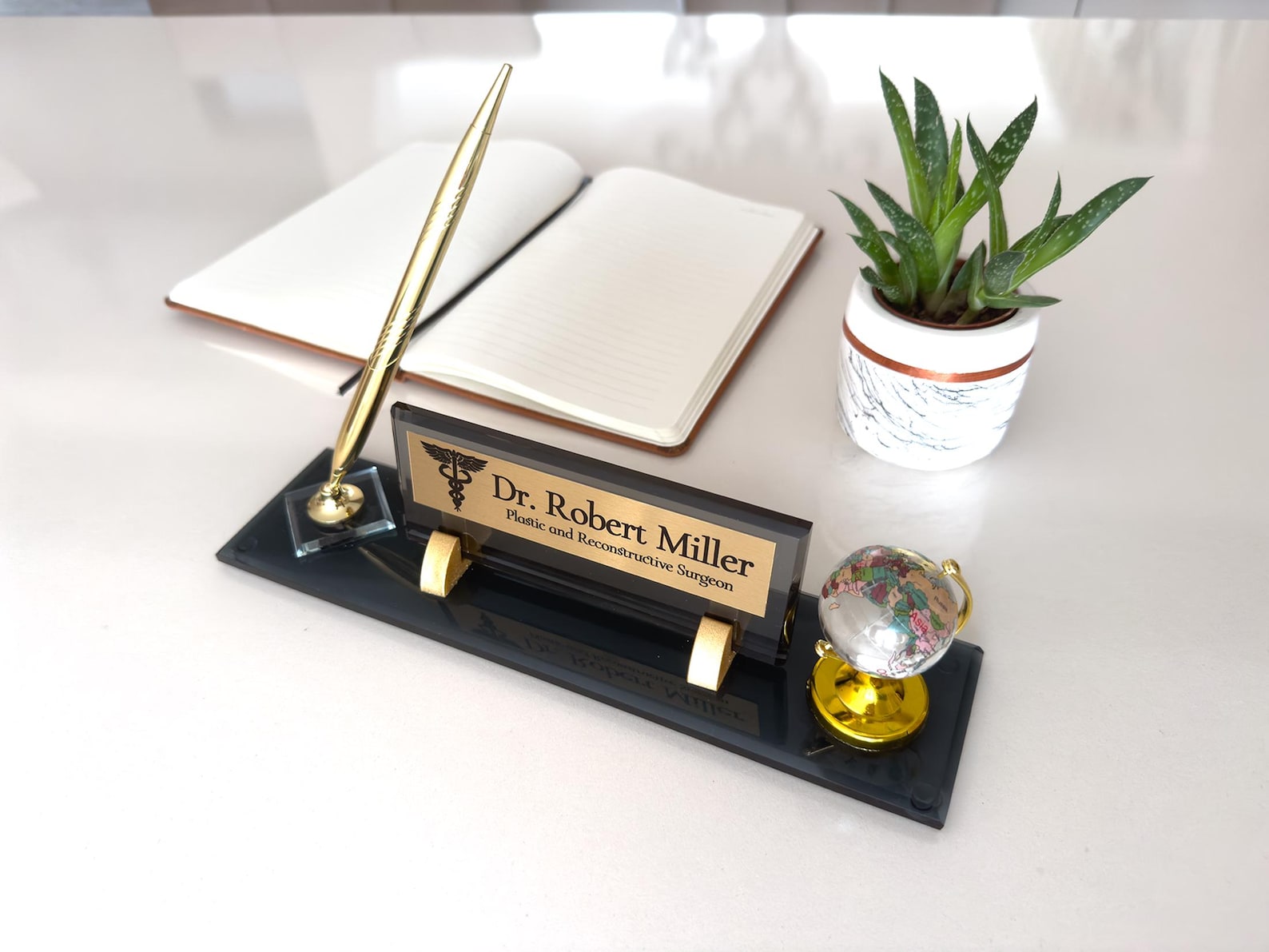 Personalized Doctor Desk Name Plate: Black Glass With Globe & Pen - Etsy