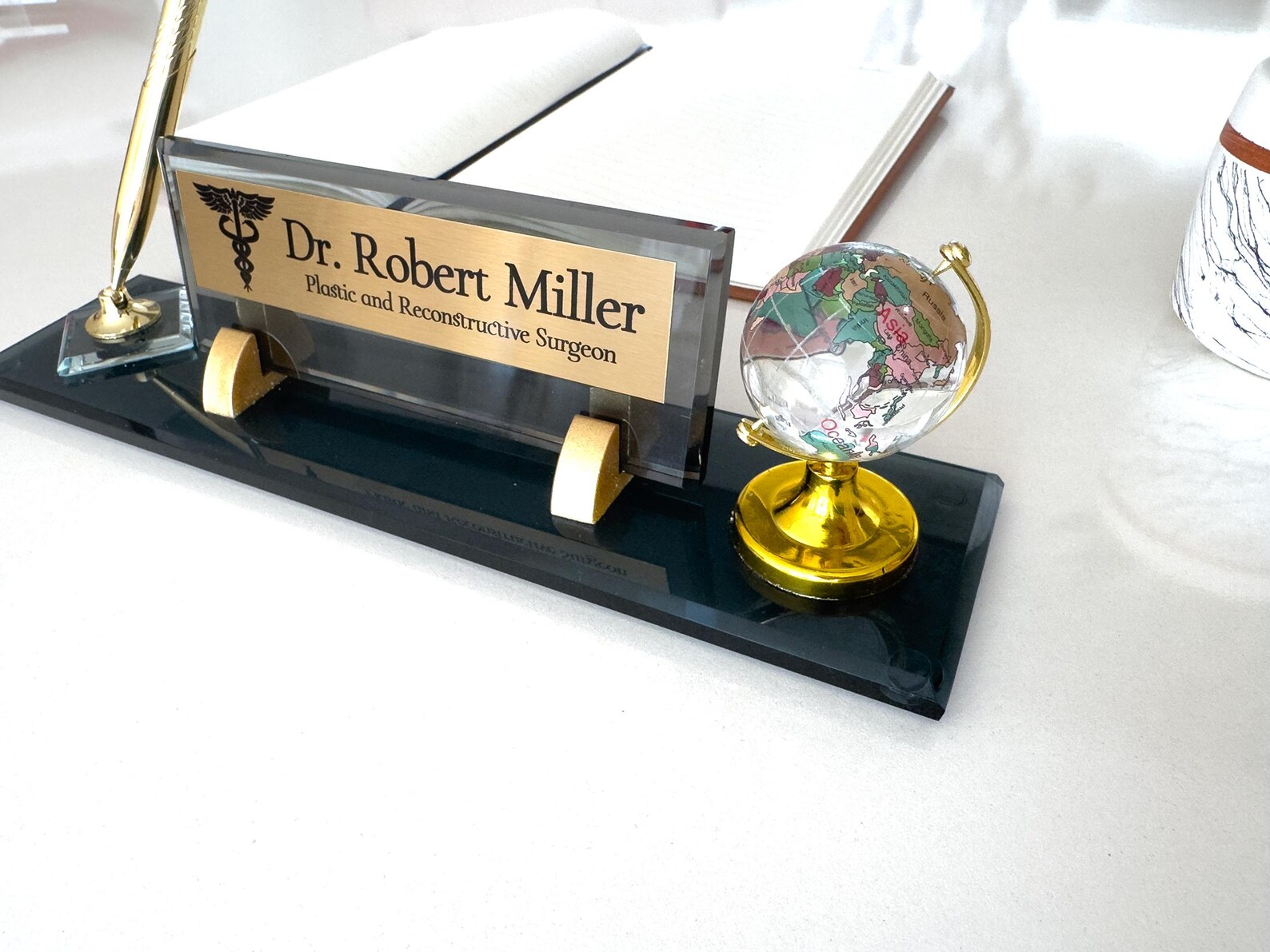 Personalized Doctor Desk Name Plate: Black Glass With Globe & Pen - Etsy