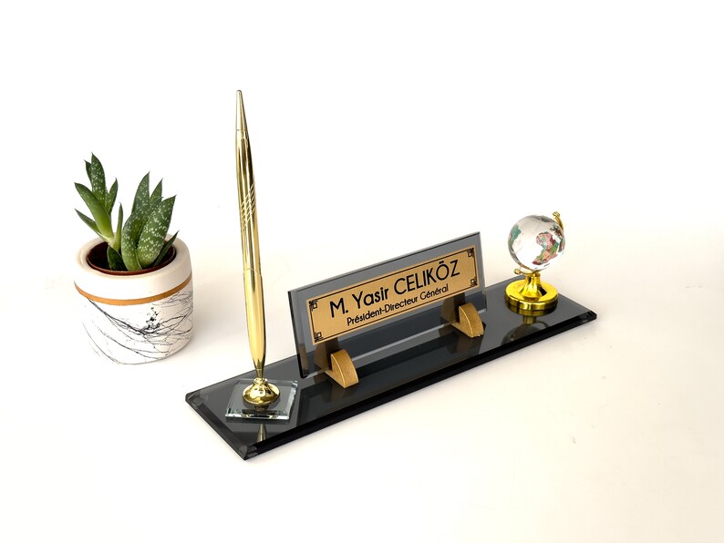 Personalized Black Glass Desk Name Plate: Office Decor With Pen & Globe ...