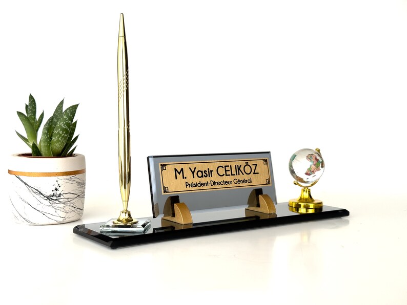 Personalized Black Glass Desk Name Plate: Office Decor With Pen & Globe ...