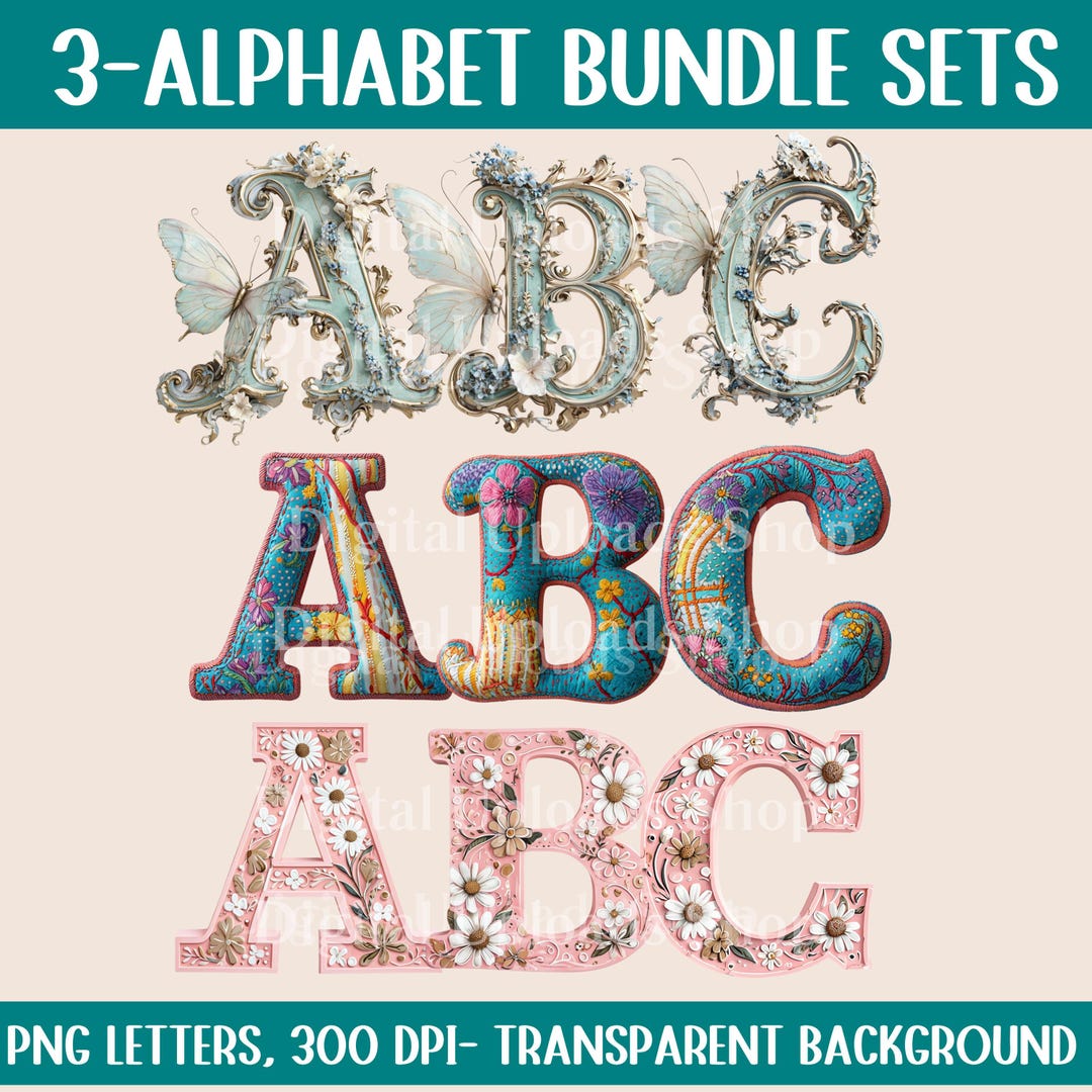 Alphabet Bundle Set, 3 Sets of Png Letters, Grand Millennial Alphabet ...