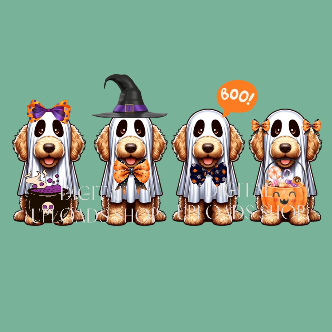Halloween Goldendoodle Ghost Png, Ghost Dog Cute Bow Png, Dog Lover Png ...