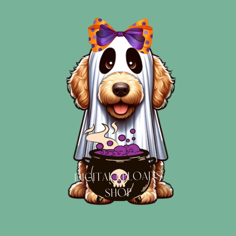 Ghost Dog Sublimation PNG, Goldendoodle Coquette Bow Png, Halloween Dog ...