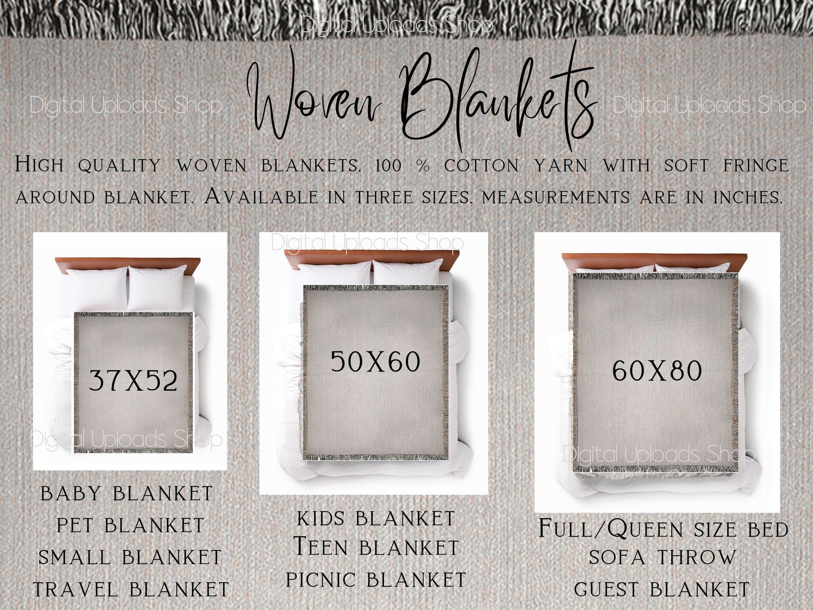 Woven Blanket Size Chart, Woven Throw Mockup Sizes 37x52 50x60 60x80 ...
