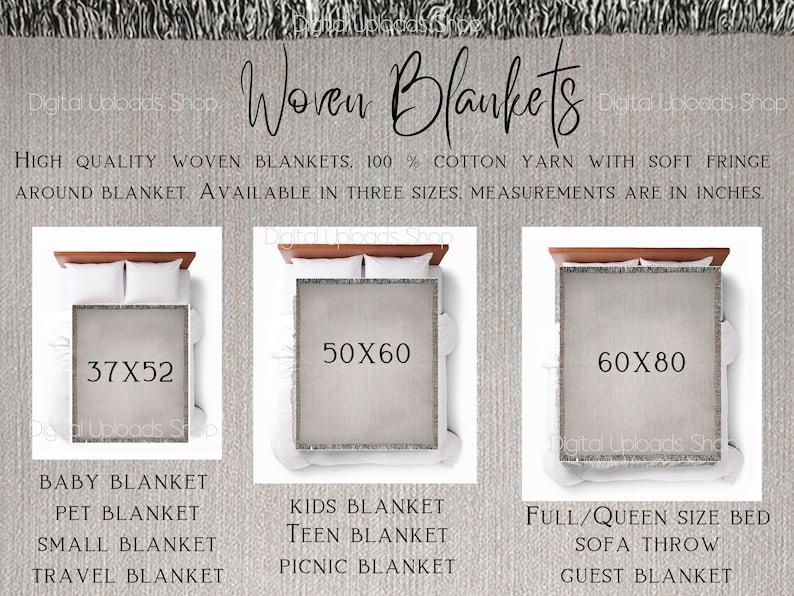Woven Blanket Size Chart, Woven Throw Mockup Sizes 37x52 50x60 60x80, Gooten Woven Blanket ...