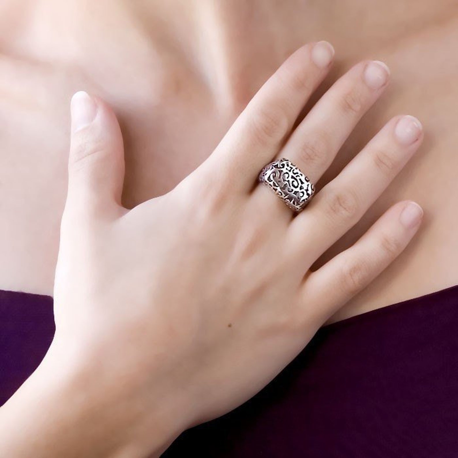 Oxidize Silver Ring Filigree Ring Rectangle Ring Sterling - Etsy